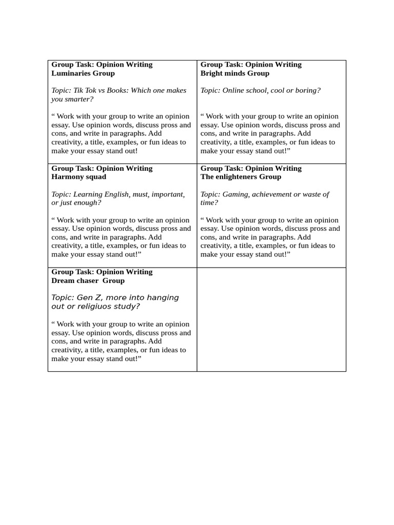 Opinion Writing Group Tasks Guide | PDF