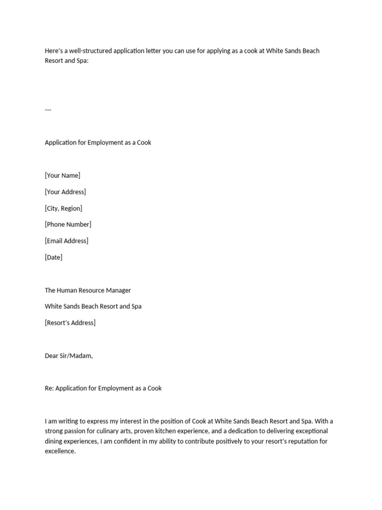 Cook Application for White Sands Resort | PDF