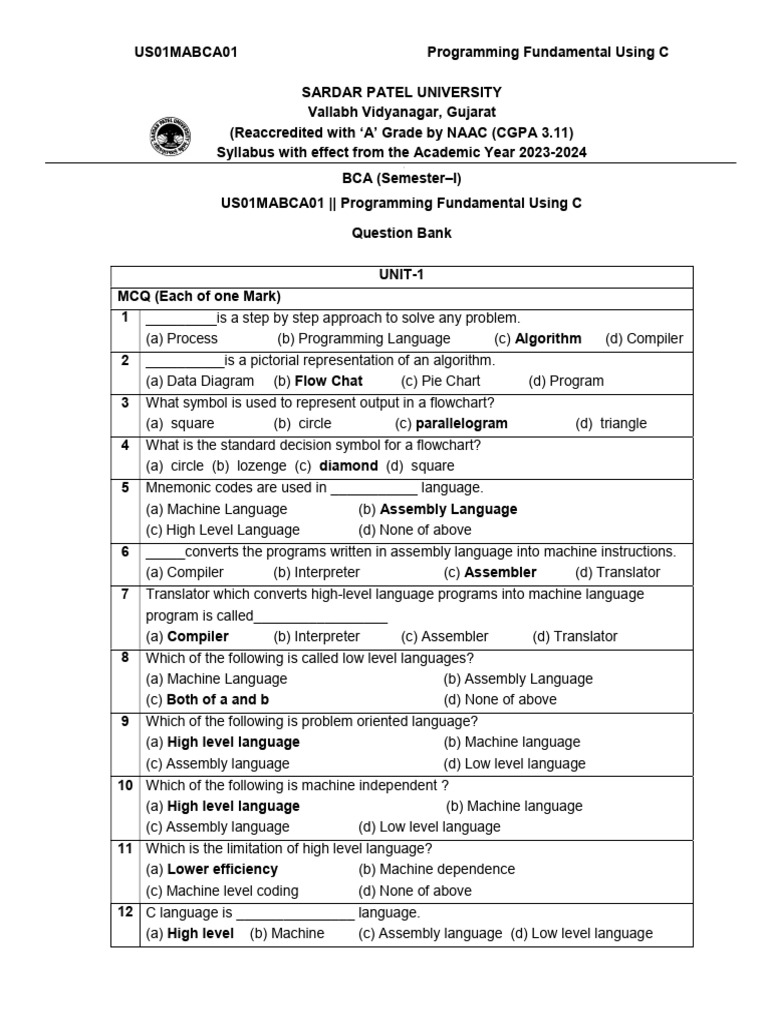 Revised QB Spu Bca Us01mabca01 C Questionbank Oct 2023 | PDF | Integer ...