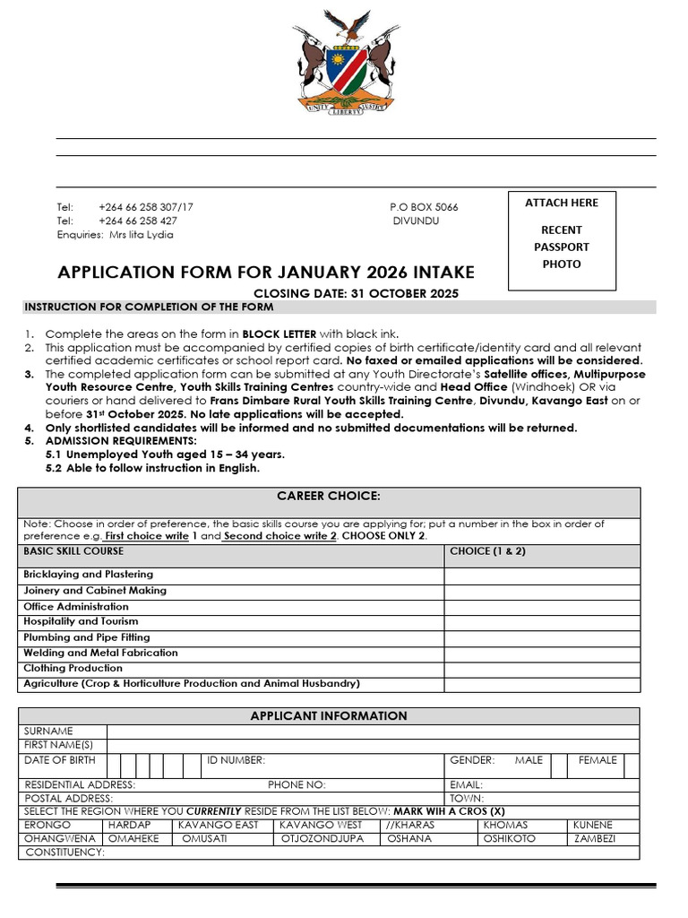 Frans Dimbare Youth Centre Application 2026 | PDF