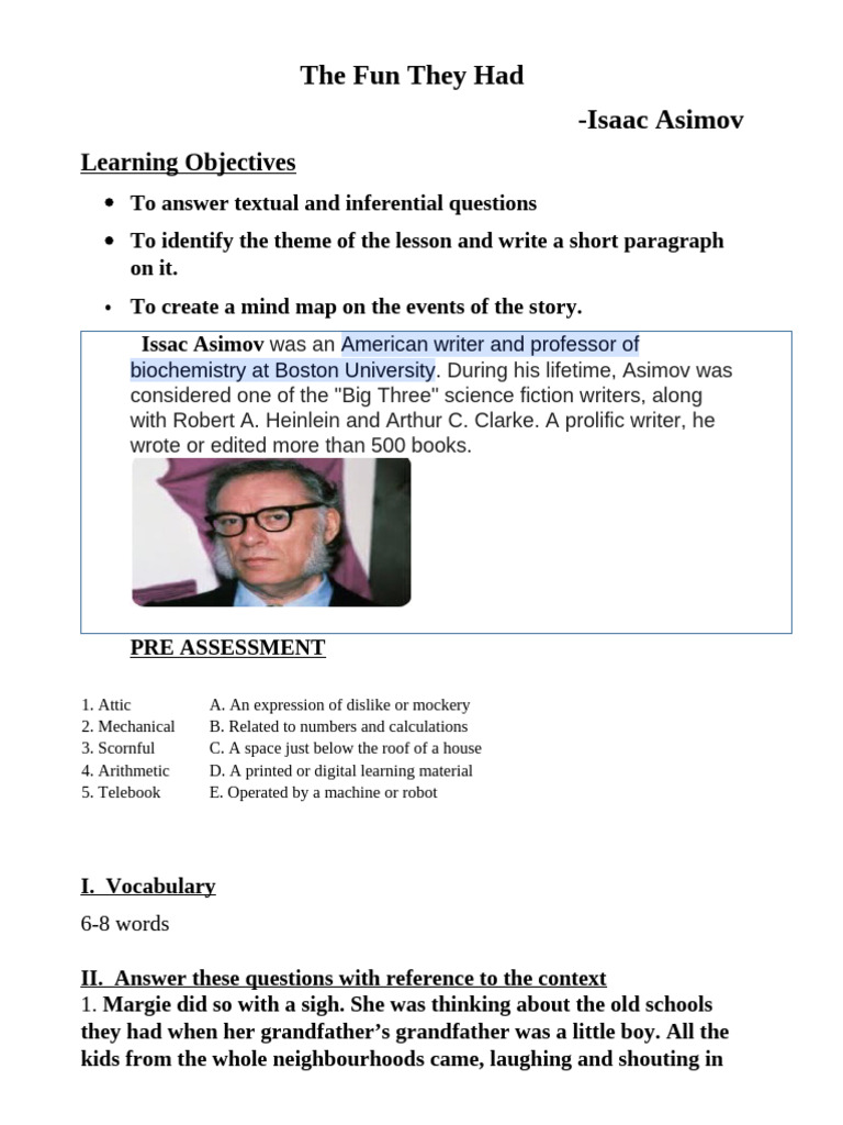 Notes 1-The Fun They Had | PDF | Isaac Asimov | Learning