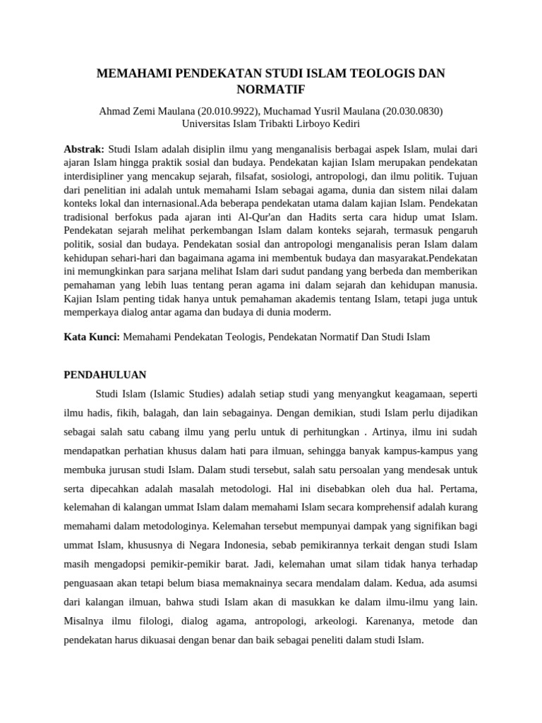 Memahami Pendekatan Studi Islam Teologis Dan Normatif | PDF