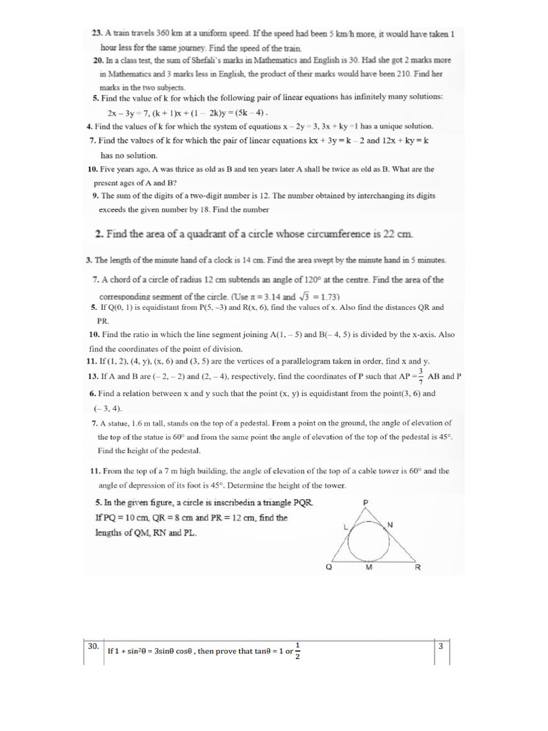 Grade 10 Maths Sample Paper 9 | PDF