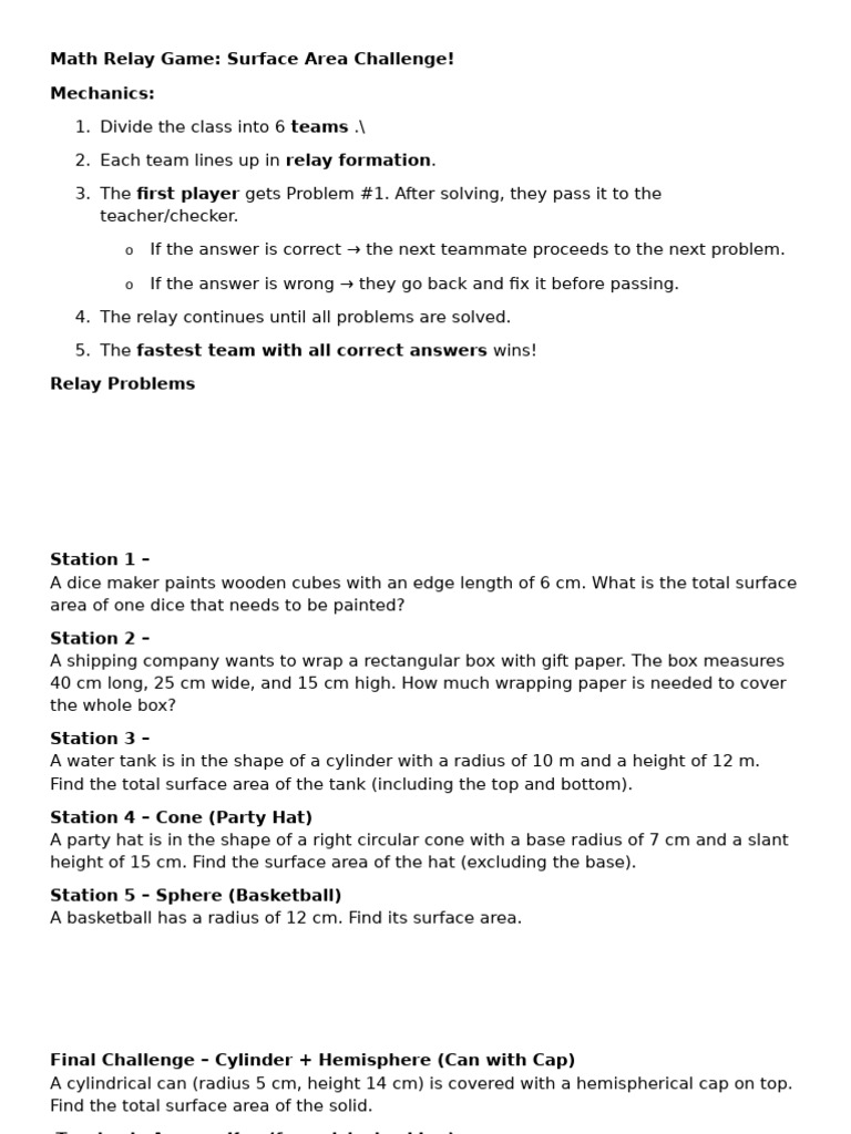 Math Relay Game and Performance Task 1 | PDF | Area | Sphere