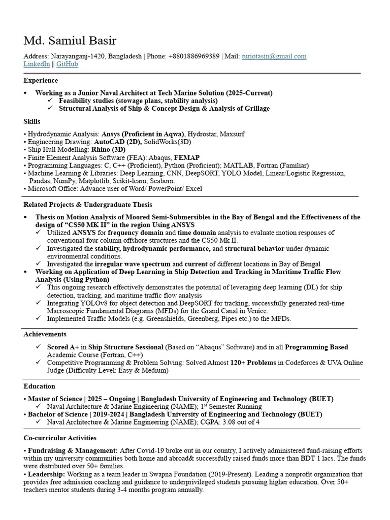 Junior Naval Architect Profile Summary | PDF | Deep Learning