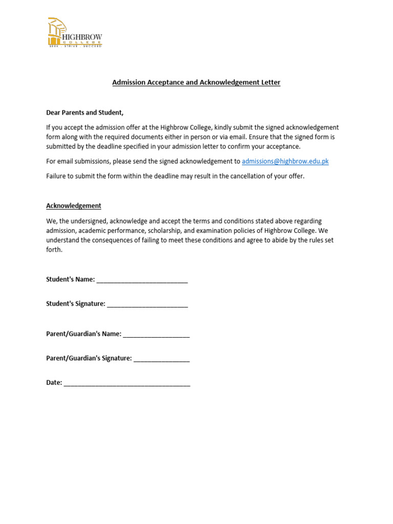 Admission Acceptance and Acknowledgement Letter | PDF