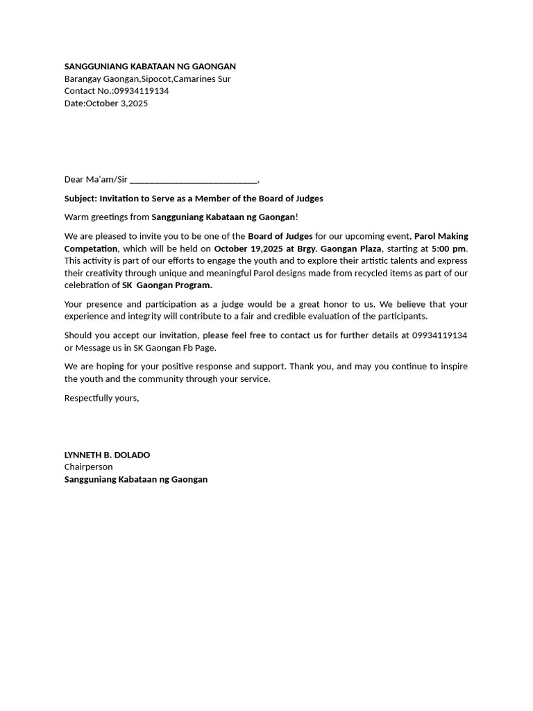 Invitation to Judge SK Competitions | PDF | Youth | Youth Organizations
