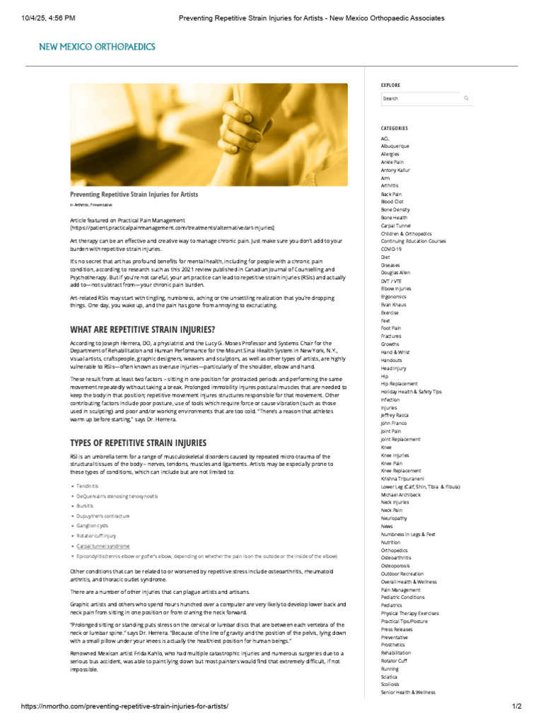 Preventing Repetitive Strain Injuries For Artists | PDF | Analgesic ...