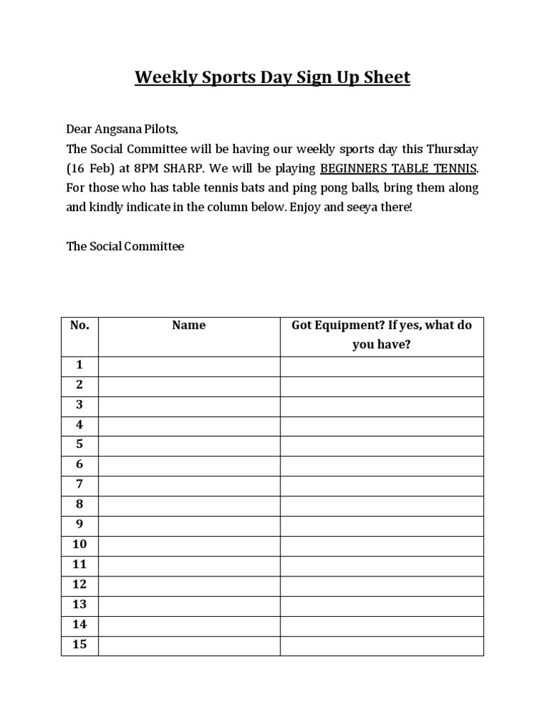 Weekly Sports Day Sign Up Sheet | PDF | Sports & Recreation
