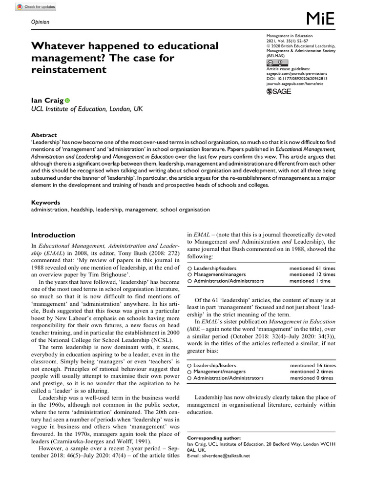 Craig 2020 Whatever Happened To Educational Management The Case For Reinstatement | PDF ...
