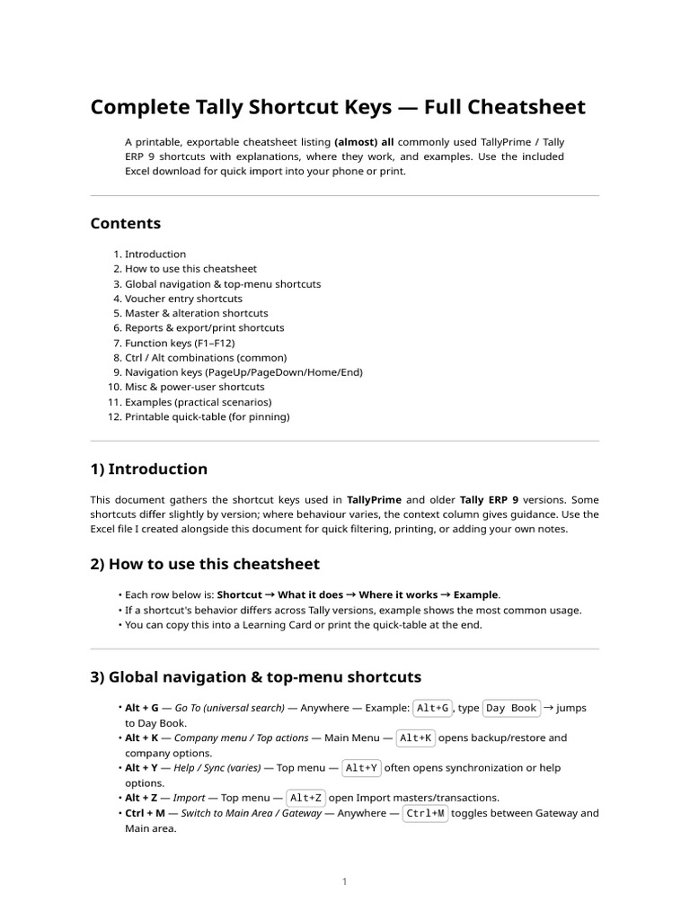 Tally Shortcut Keys Cheatsheet | PDF | Voucher | Computing