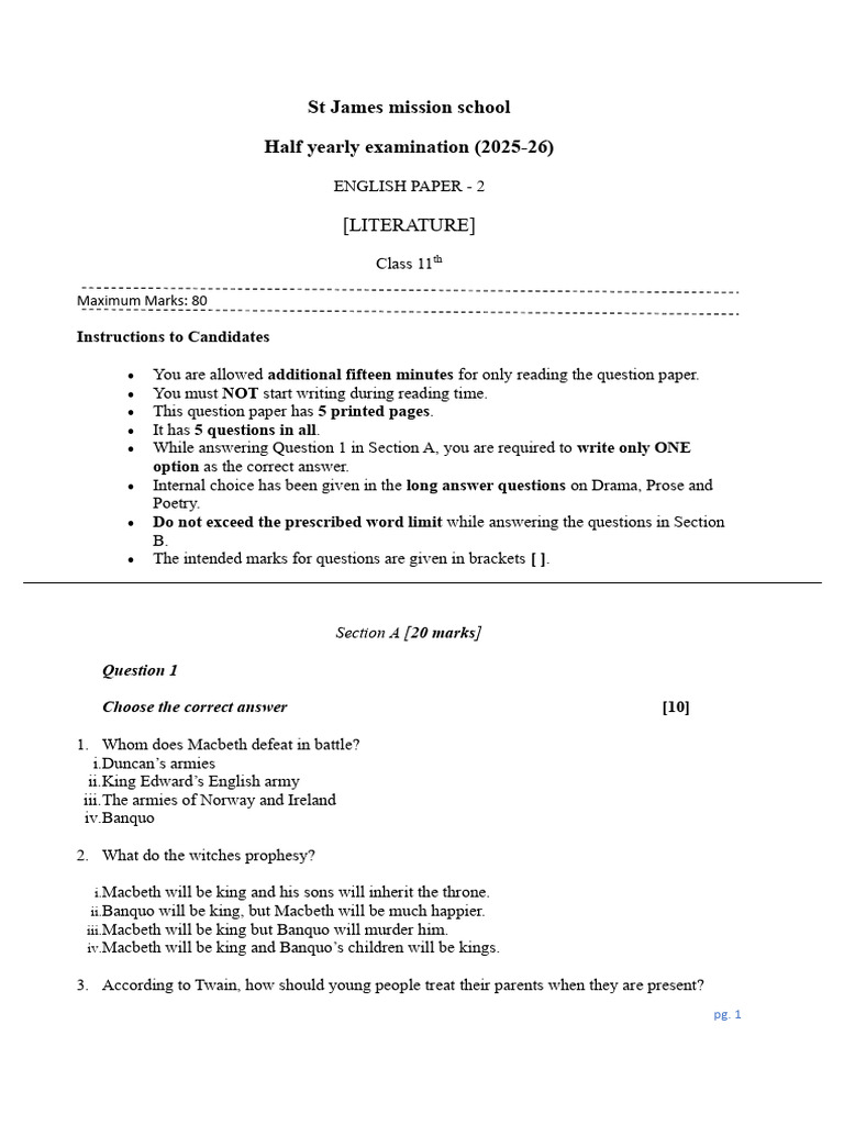 Class 11 English Literature Exam Paper | PDF | Macbeth