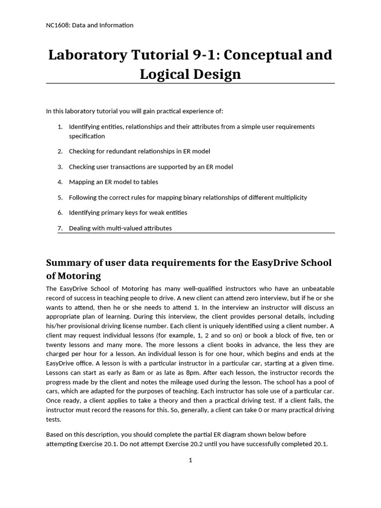 Lab 9-1 - Database Design (Conceptual and Logical Design) | PDF | Data Model | Computing