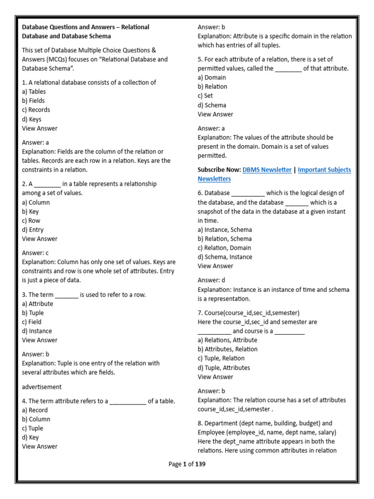 Database Questions and Answers | PDF | Relational Model | Relational Database