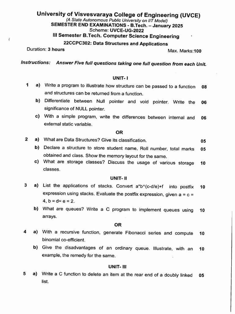 UVCE B.Tech Data Structures Exam January 2025 | PDF | Logic Gate ...