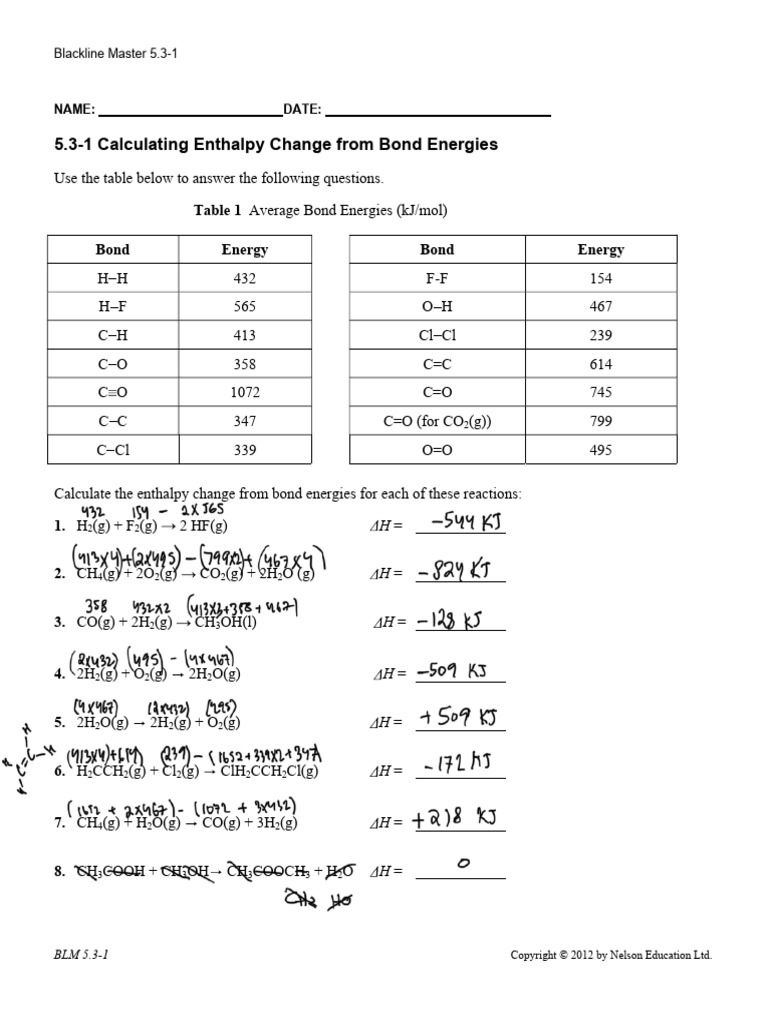 Enthalpy Calculation Worksheet | PDF