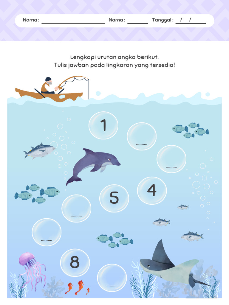 Lembar Kerja Ungu Dan Biru Tema Melengkapi Urutan Angka Gaya Ilustratif ...