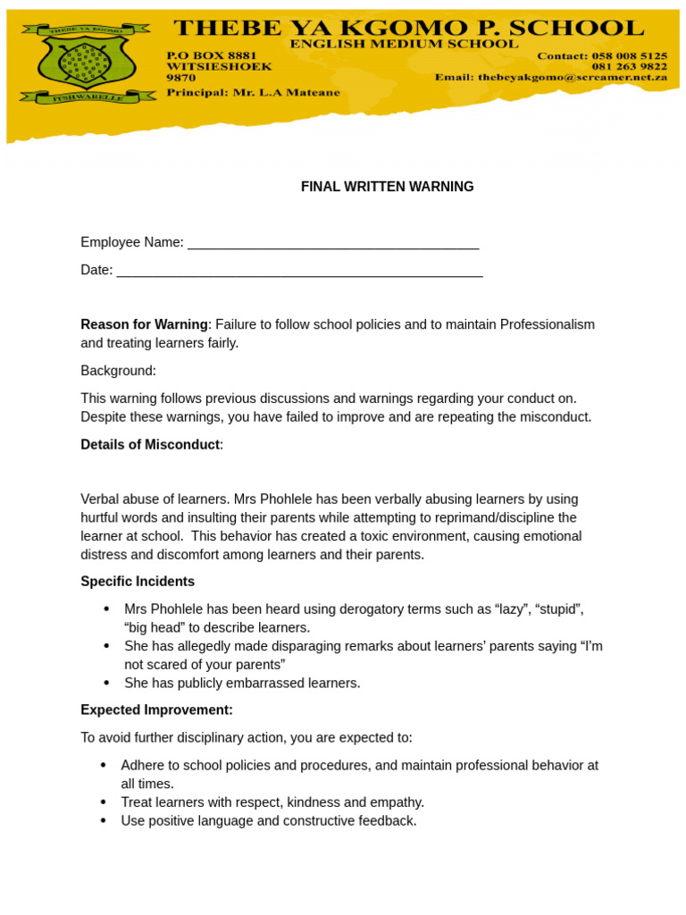 Final Written Warning - 125155 | PDF