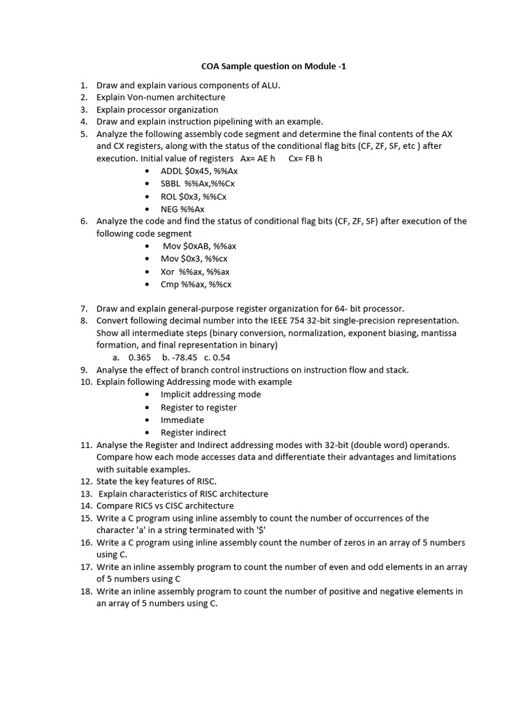COA Sample Question On Module-I | PDF