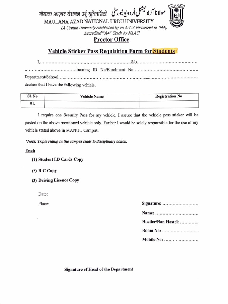 Vehicle Sticker Pass Form for Students | PDF | Vehicles