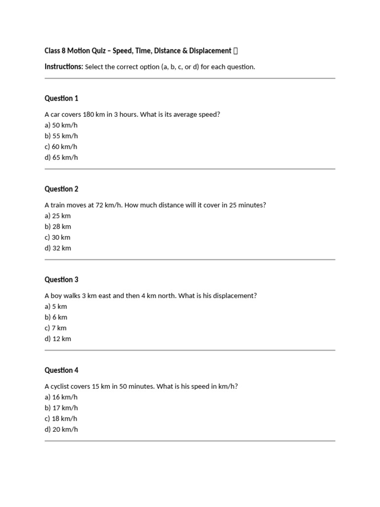 Class 8 Motion Quiz: Speed & Displacement | PDF | Speed | Chess Theory