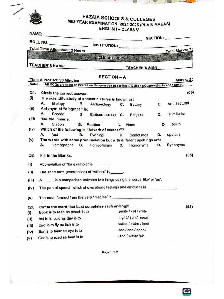 Class 5 English Past Paper | PDF