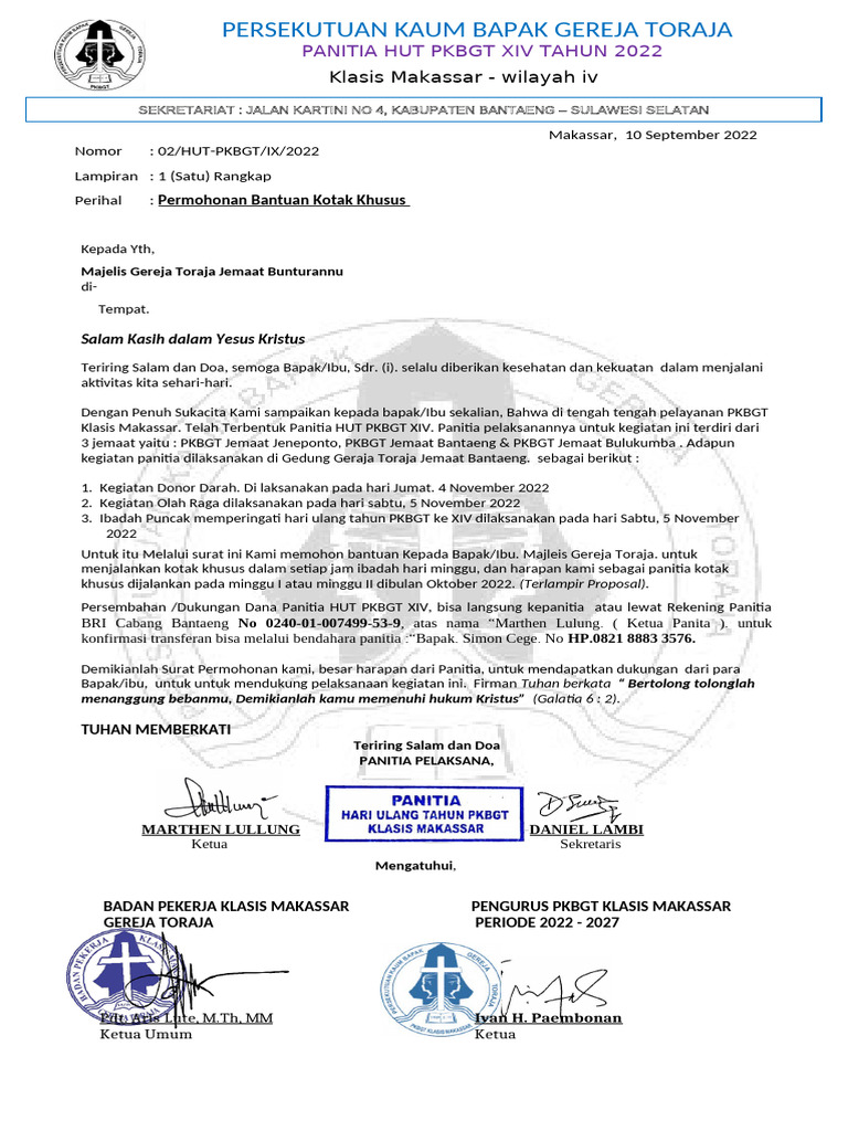 Permohonan Dana HUT PKBGT XIV 2022 | PDF