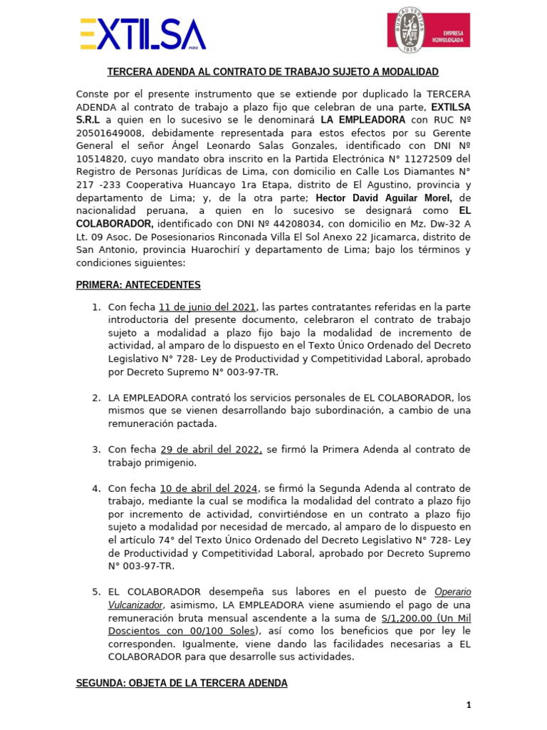 3ra Adenda - Hector Aguilar Morel - 30.05.2024 | PDF | Salario ...
