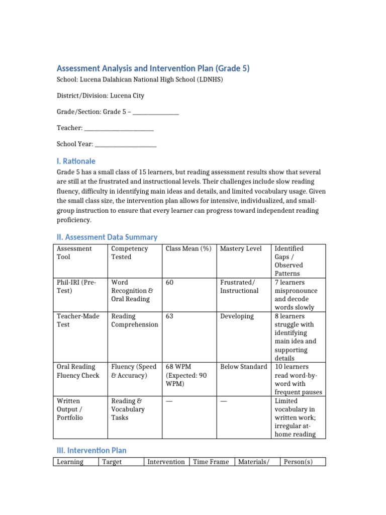 Grade5 Assessment Analysis Intervention Plan | PDF | Fluency | Reading ...