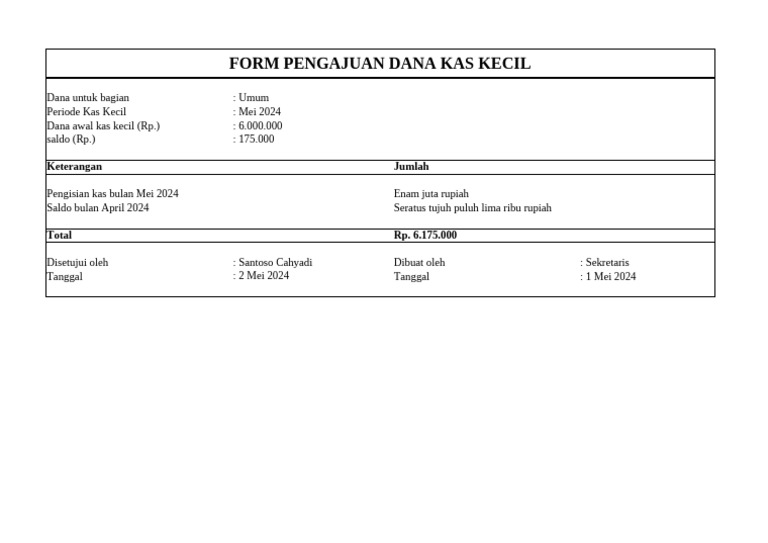 Form Pengajuan Dana Kas Kecil Mei 2024 | PDF