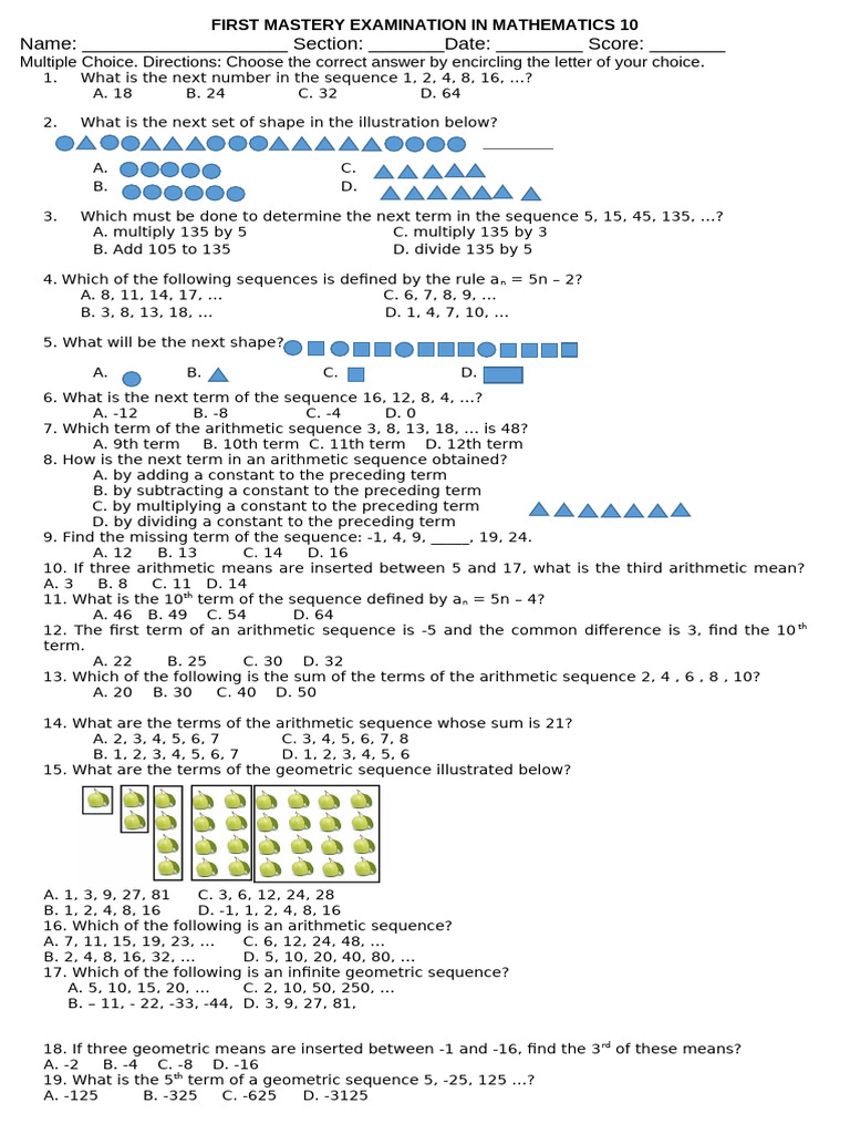 Mathematics 10 Mastery Exam Questions | PDF | Multiplication | Sequence