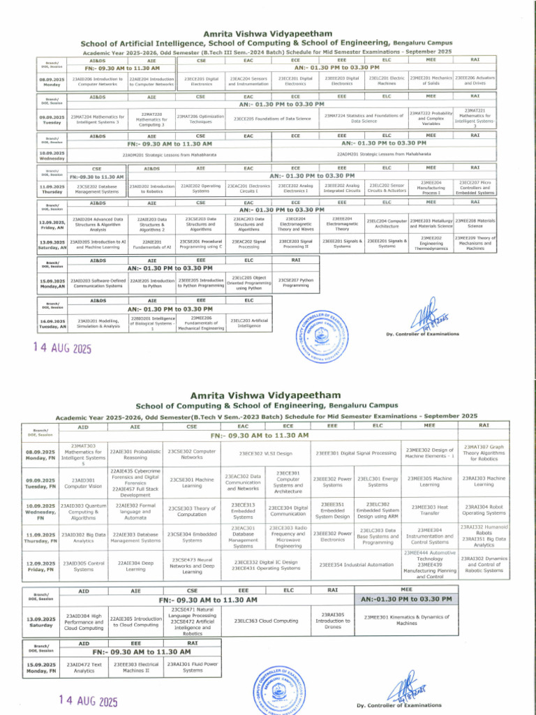 Revised Midterm Exam Schedule - 2024-25 Odd Sem | PDF