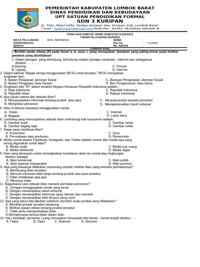 SDN 3 Kuripan: Pemerintah Kabupaten Lombok Barat Dinas Pendidikan Dan Kebudayaan Upt Satuan ...