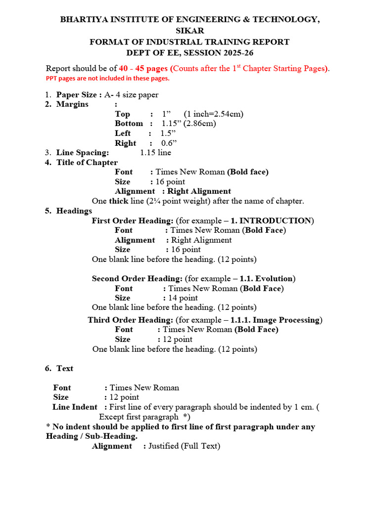 Industrial Training Report Format 2025-26 | PDF | Times New Roman ...