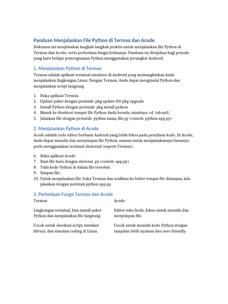 Panduan Menjalankan Python Termux Acode | PDF