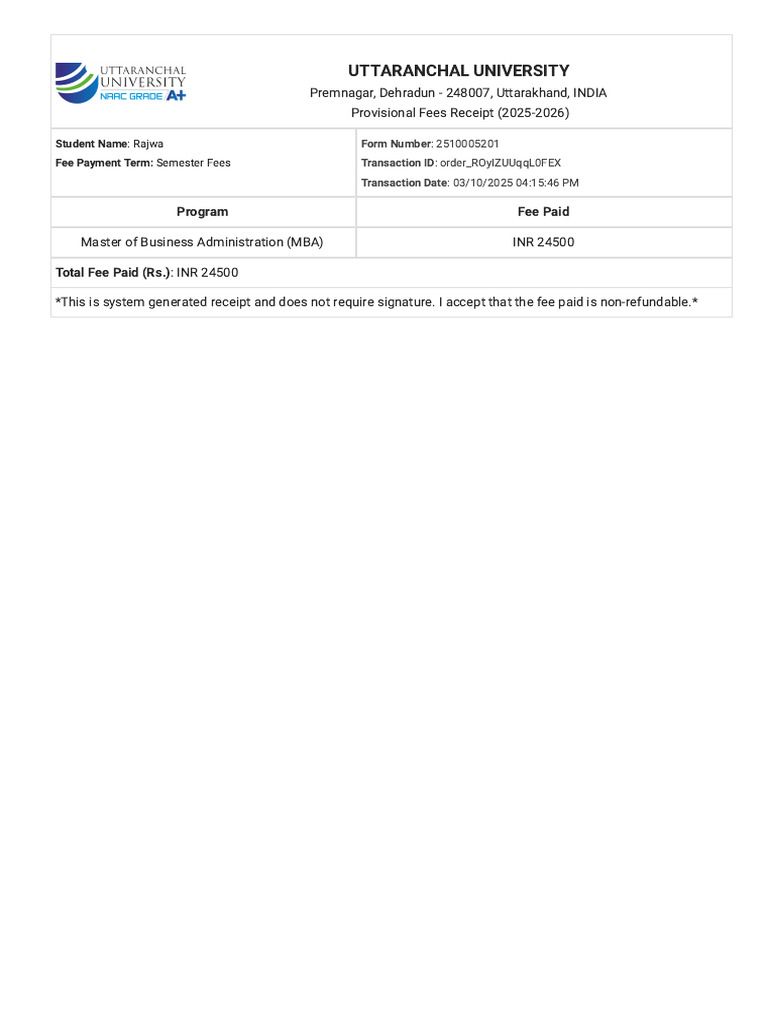 UTTARANCHAL UNIVERSITY MBA Fee Receipt 2025 | PDF
