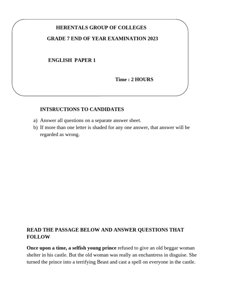Grade 7 English Exam Instructions and Questions | PDF | Toothbrush