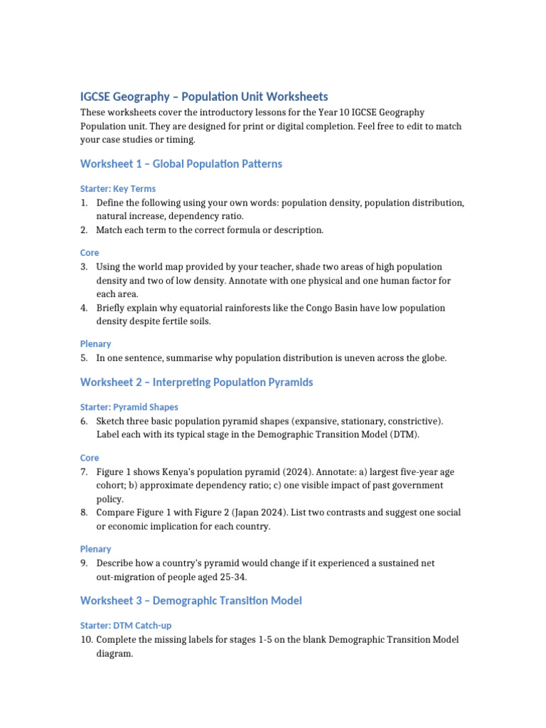 IGCSE Geography Population Worksheets | PDF