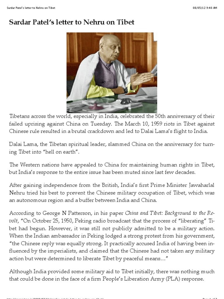 Sardar Patel’s letter to Nehru on Tibet (1950) | Tibet | Jawaharlal Nehru