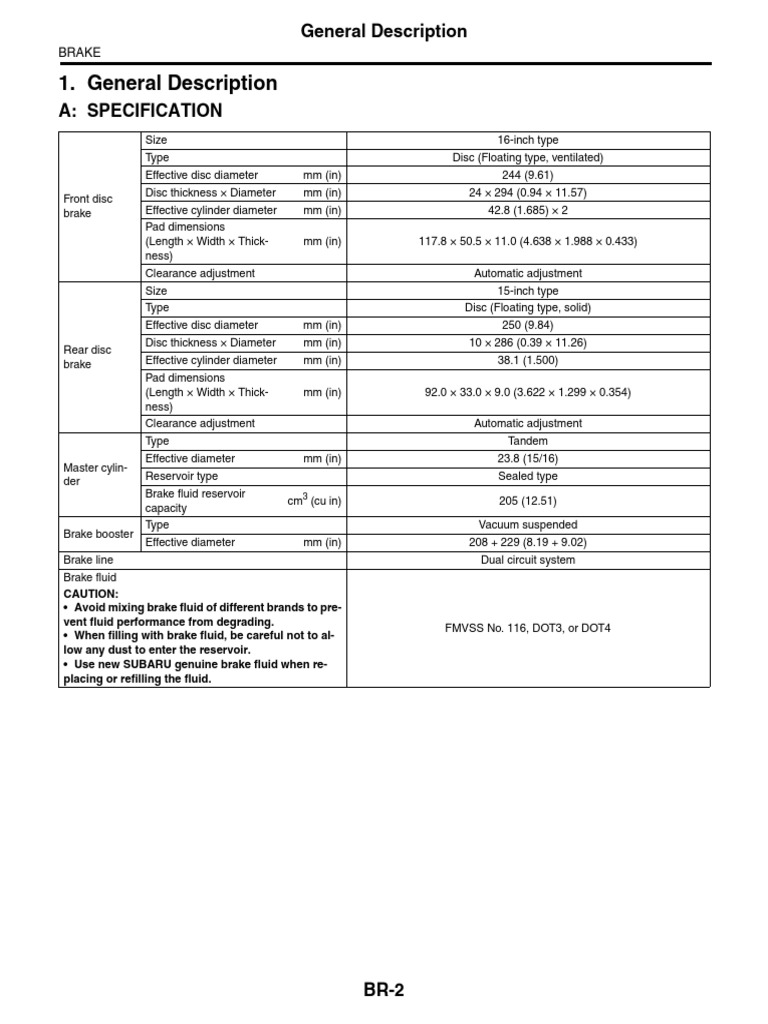 Subaru Brake System Specifications | PDF | Brake | Vehicle Technology