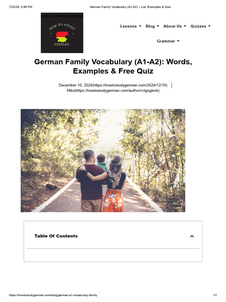 German Family Vocabulary (A1-A2) – List, Examples & Quiz | PDF ...