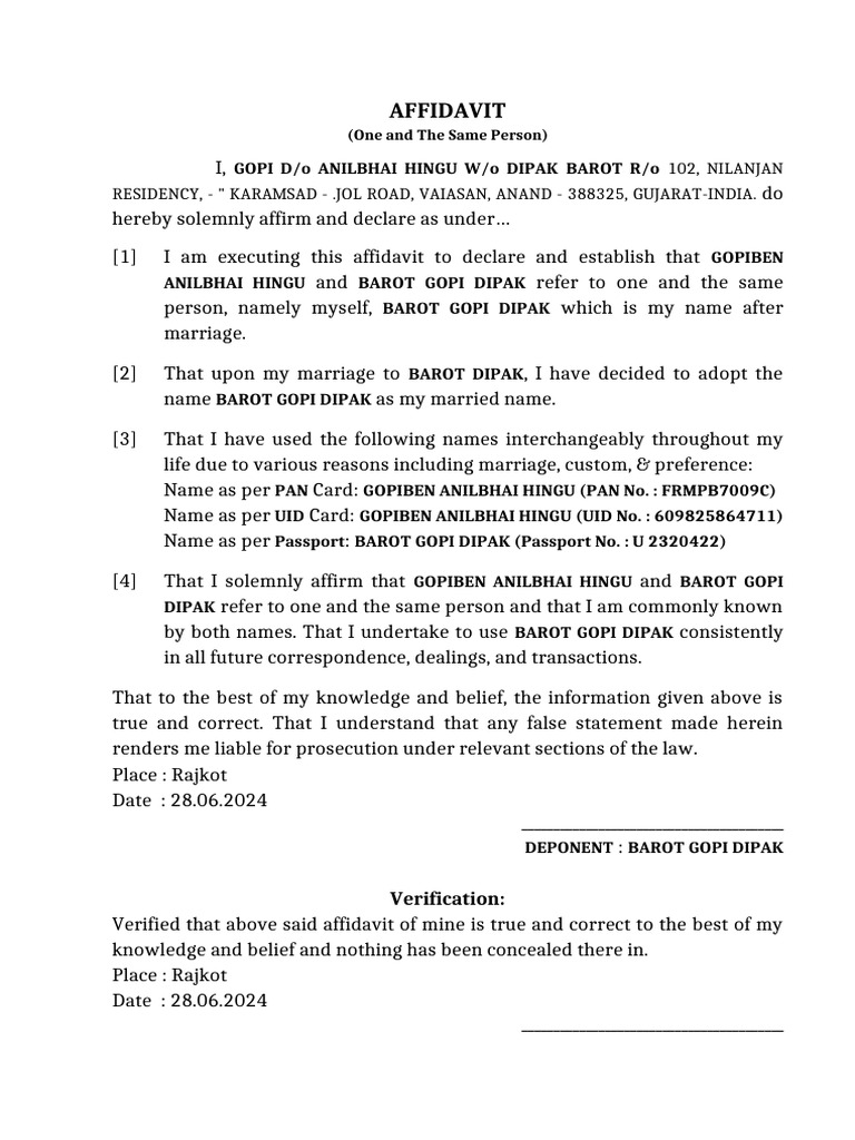 Affidavit Name Change Hingu | PDF