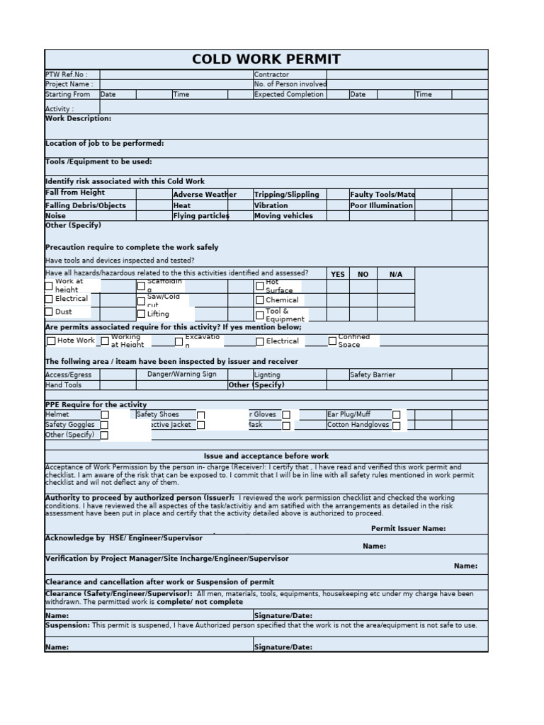 Cold Work Permit Template in Excel | PDF | Safety | Personal Protective ...