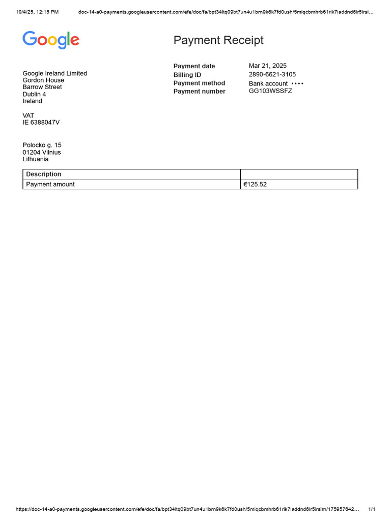 Payment Receipt: Payment Date Billing ID Payment Method Payment Number ...