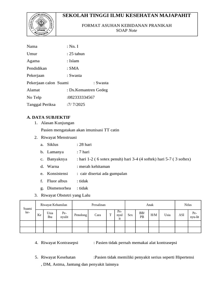 Asuhan Kebidanan Pranikah Nn. I 25 Tahun | PDF