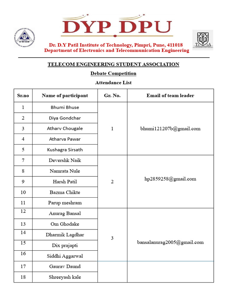 Telecom Engineering Debate Attendance List | PDF