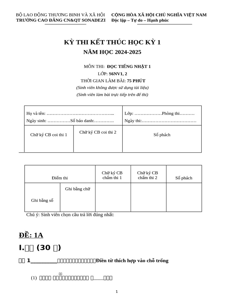 Đọc 1 s6 Đề 1a Đã Làm Lại | PDF