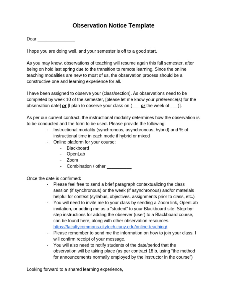 Teaching Observation Notice Template | PDF