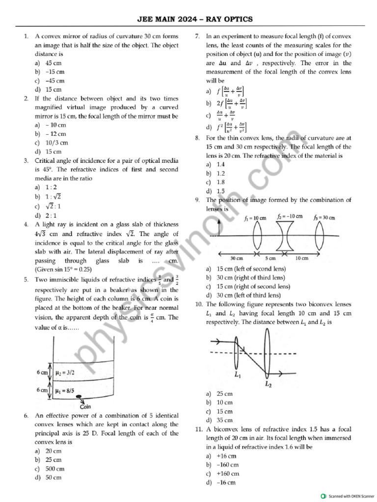 Ray Optics JEE 2024 QP With Solutions - Watermark | PDF