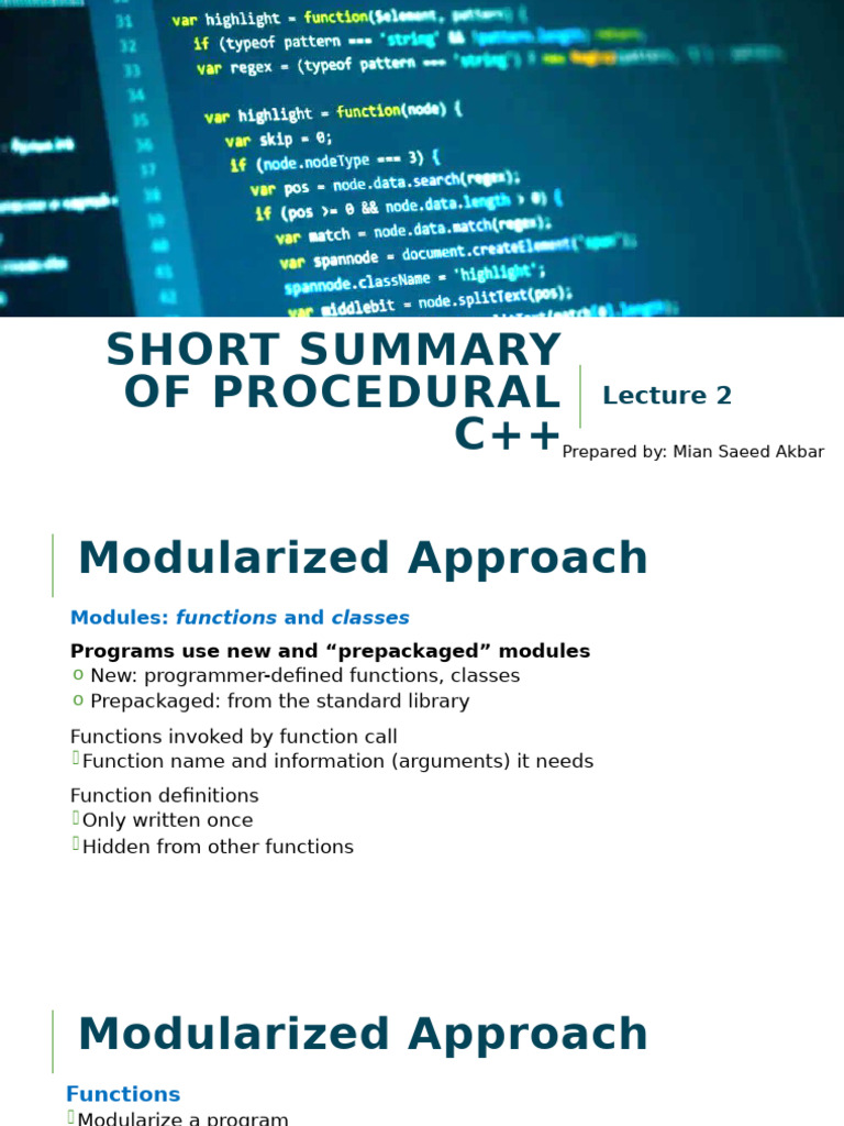 Lecture 2 Short Summary of Procedural C++ | PDF | Parameter (Computer Programming) | Integer ...
